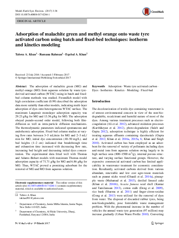 (PDF) Adsorption of malachite green and methyl orange onto waste tyre activated carbon using ...