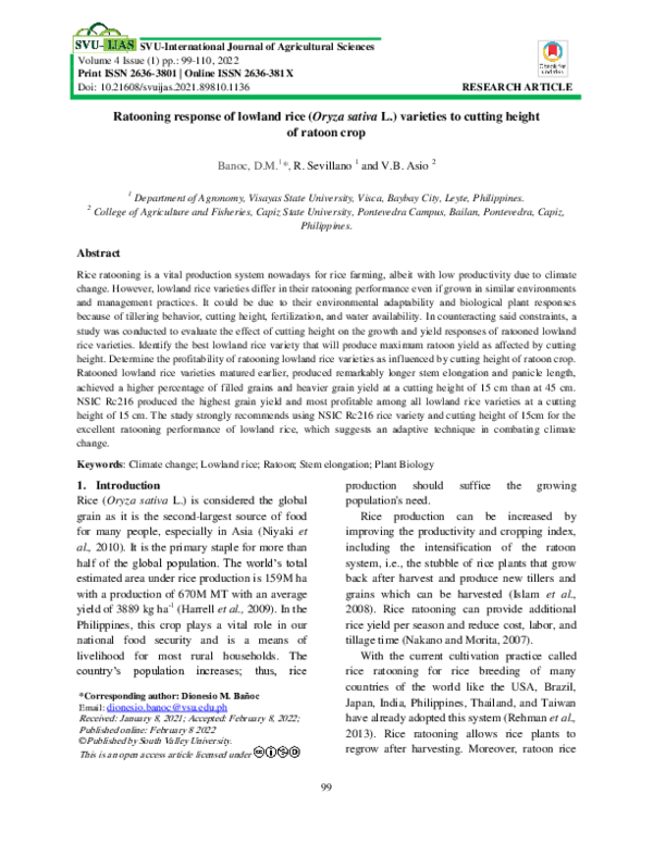 (PDF) Ratooning response of lowland rice (Oryza sativa L.) varieties to ...