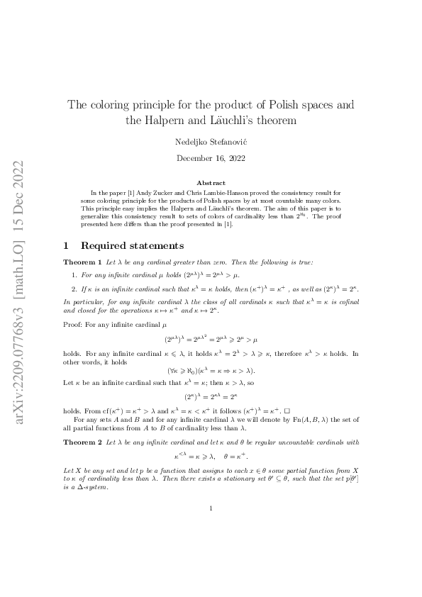 (PDF) The coloring principle for the product of polish spaces and the ...