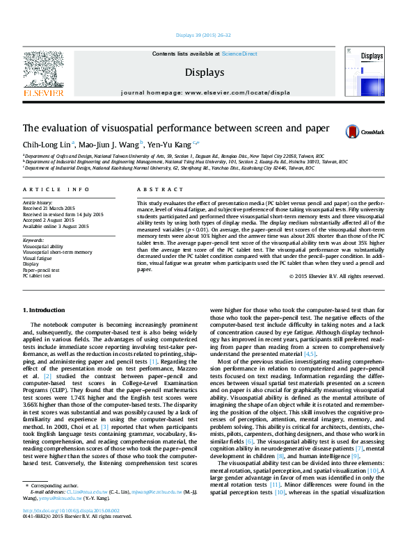 (PDF) The evaluation of visuospatial performance between screen and paper