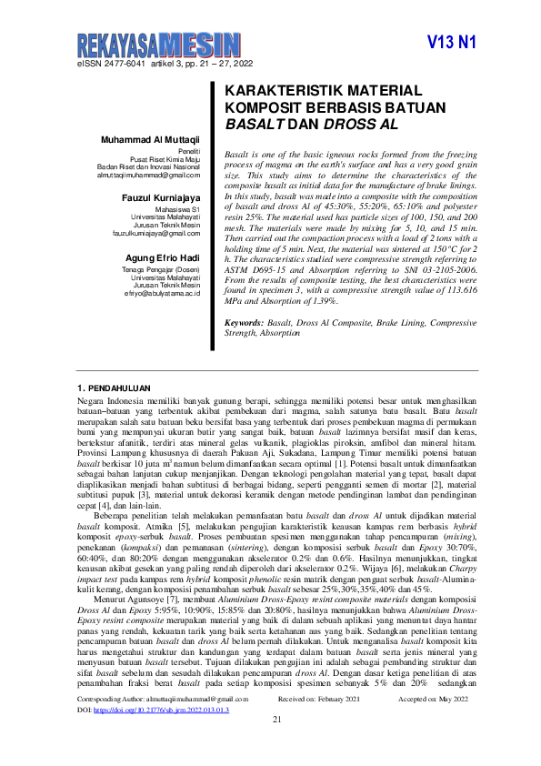 (PDF) Karakteristik Material Komposit Berbasis Batuan Basalt Dan Dross Al