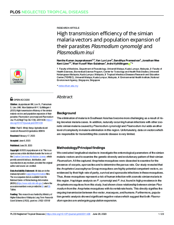 (PDF) High transmission efficiency of the simian malaria vectors and ...
