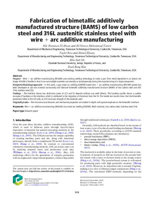 (PDF) Fabrication of bimetallic additively manufactured structure (BAMS ...