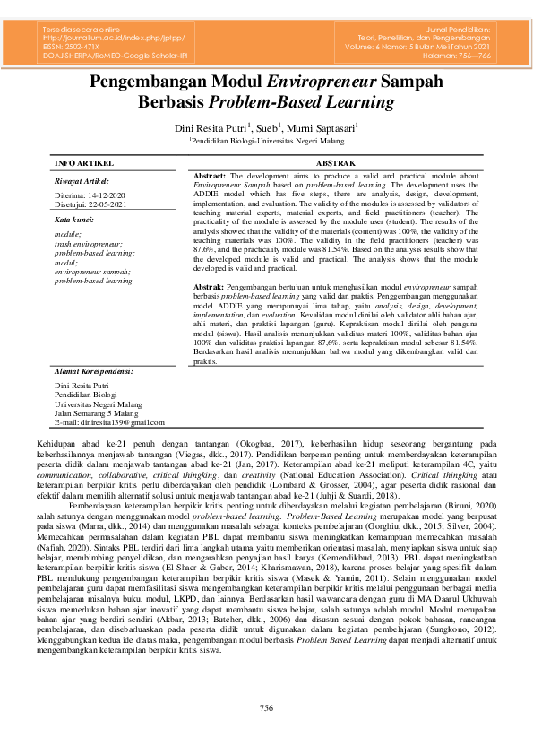 (PDF) Pengembangan Modul Enviropreneur Sampah Berbasis Problem-Based Learning