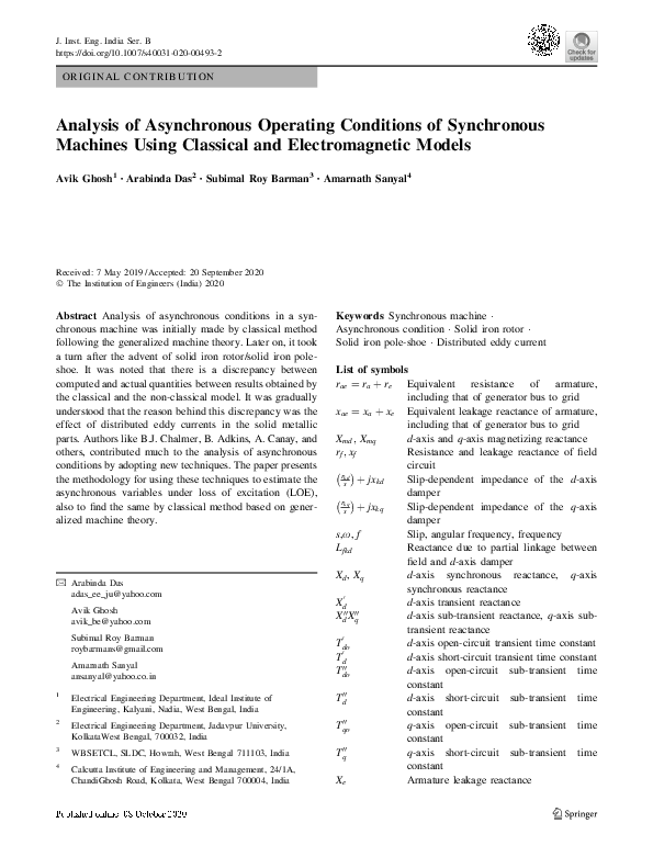 (PDF) Analysis of Asynchronous Operating Conditions of Synchronous Machines Using Classical and ...