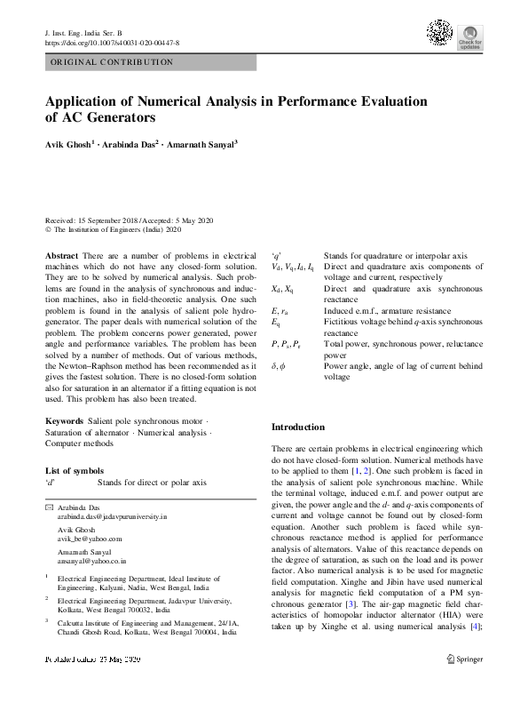 (PDF) Application of Numerical Analysis in Performance Evaluation of AC Generators