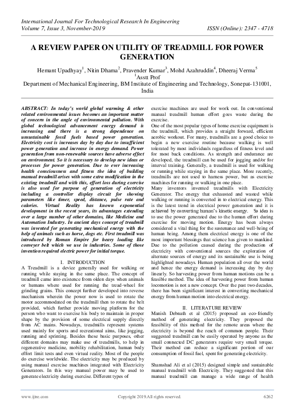 (PDF) A Review Paper on Utility of Treadmill for Power Generation