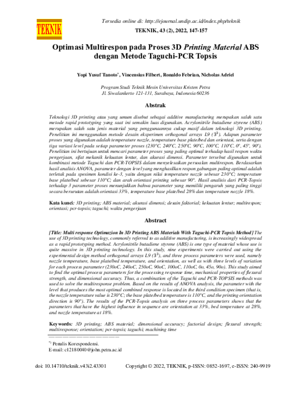 (PDF) Optimasi Multirespon pada Proses 3D Printing Material ABS dengan ...