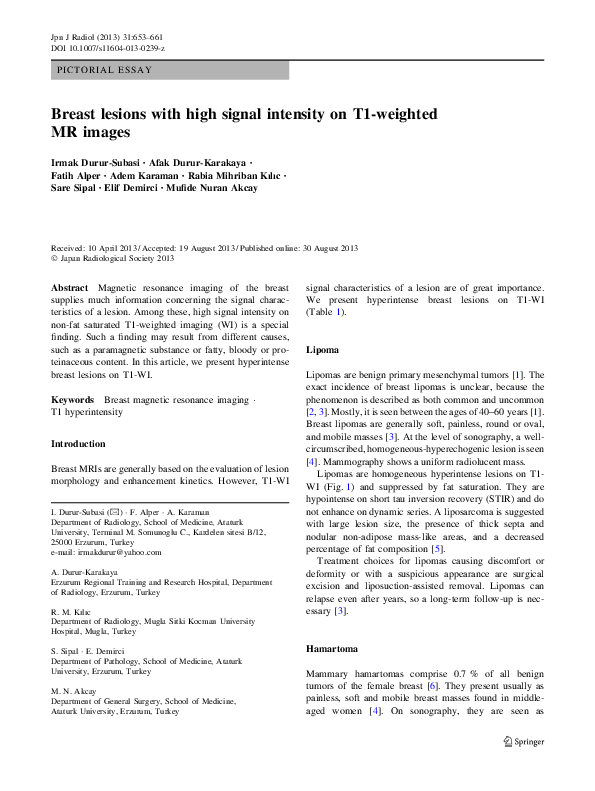 (PDF) Breast lesions with high signal intensity on T1-weighted MR images