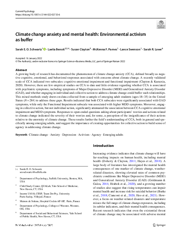 (PDF) Climate change anxiety and mental health: Environmental activism ...