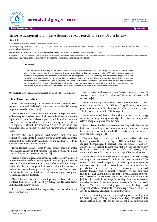 (PDF) Error Augmentation: The Alternative Approach to Treat Brain Injury