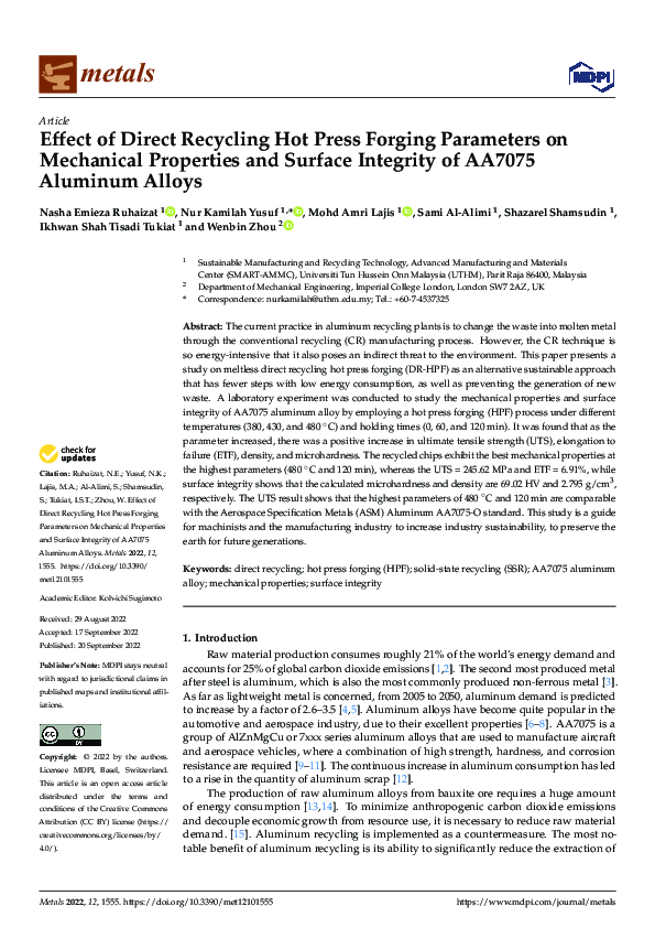 (PDF) Effect of Direct Recycling Hot Press Forging Parameters on Mechanical Properties and ...