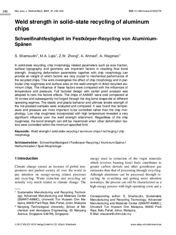 (PDF) Weld strength in solid-state recycling of aluminum chips