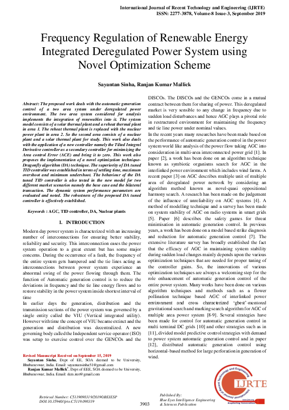 (PDF) Frequency Regulation of Renewable Energy Integrated Deregulated Power System using Novel ...