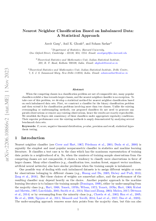 (PDF) Nearest Neighbor Classification based on Imbalanced Data: A Statistical Approach