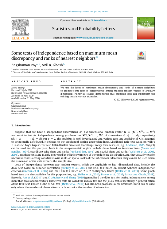 (PDF) Some tests of independence based on maximum mean discrepancy and ...