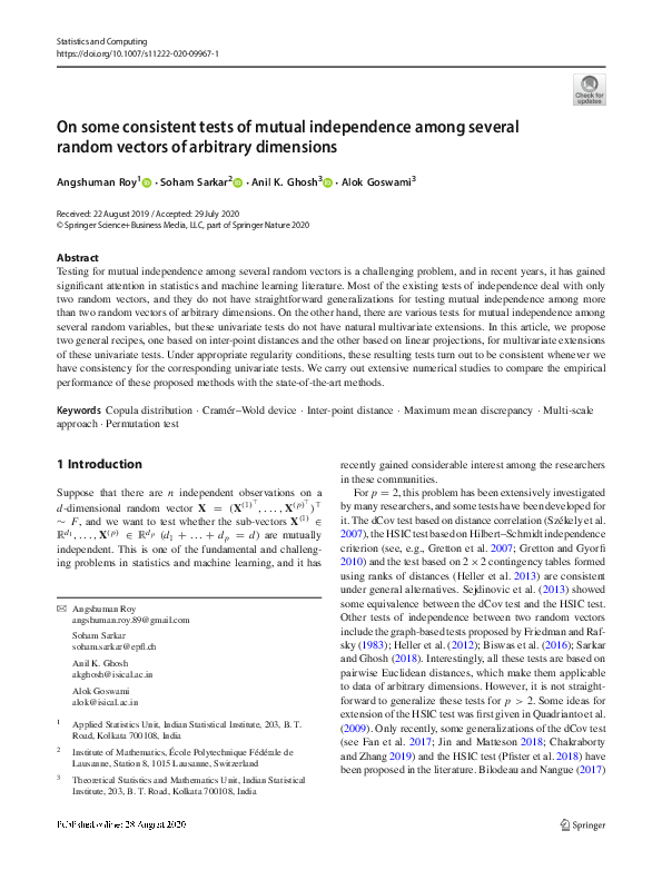(PDF) On some consistent tests of mutual independence among several ...