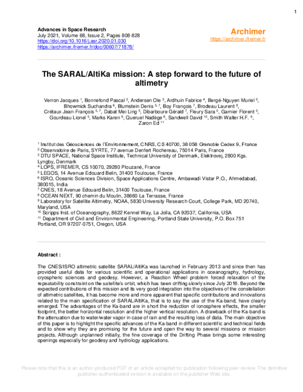 (PDF) The SARAL/AltiKa mission: A step forward to the future of altimetry
