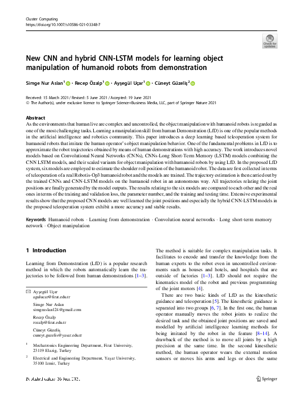 (PDF) New CNN and hybrid CNN-LSTM models for learning object manipulation of humanoid robots ...