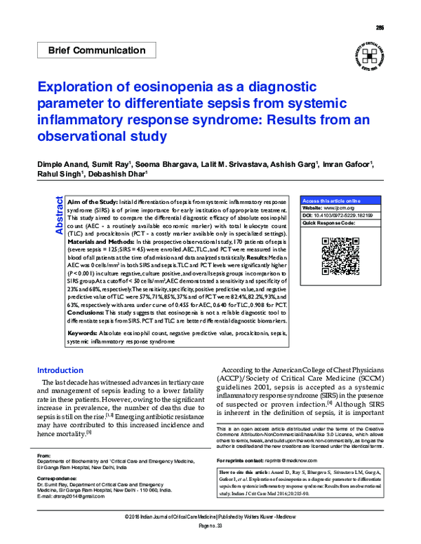 (PDF) Exploration of eosinopenia as a diagnostic parameter to differentiate sepsis from systemic ...