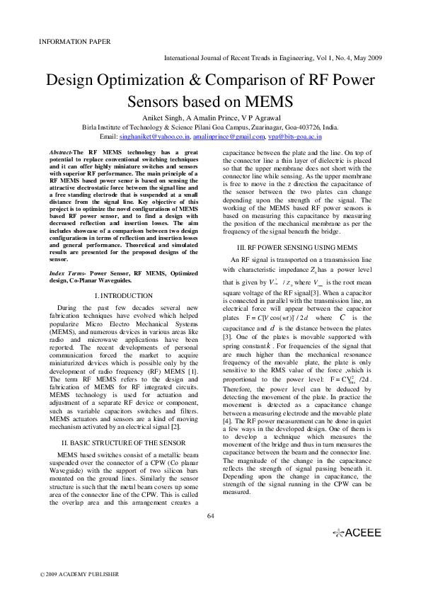 (PDF) Design Optimization & Comparison of RF Power Sensors based on MEMS