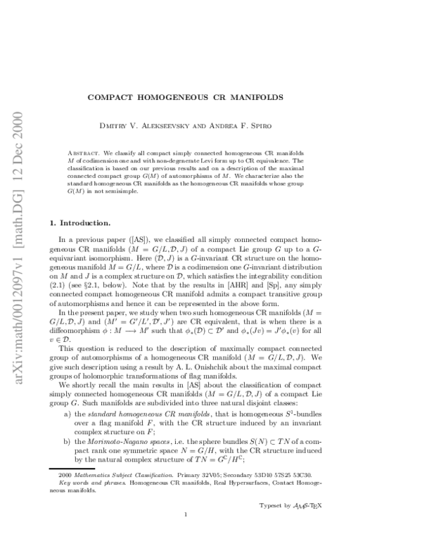 (PDF) Compact homogeneous CR manifolds