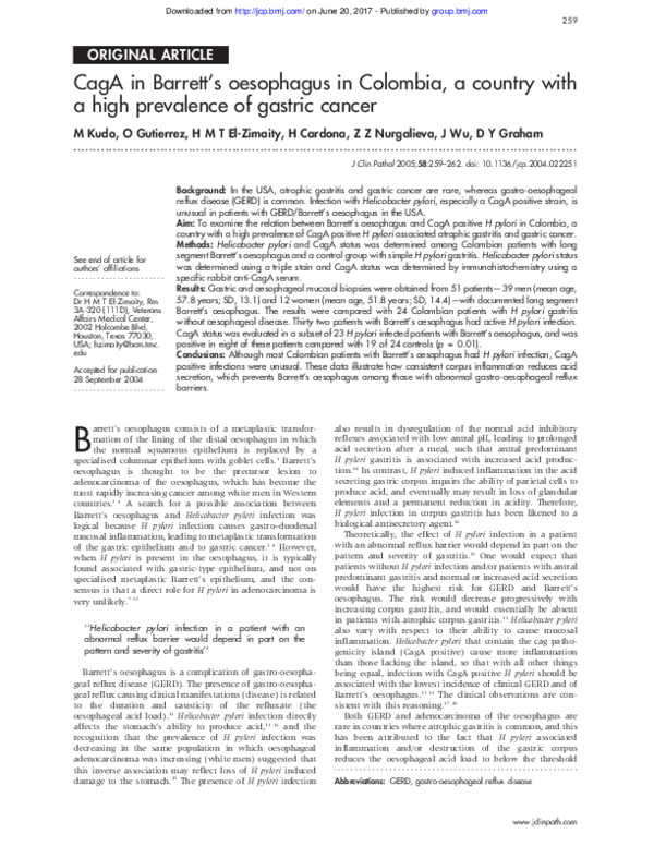 (PDF) CagA in Barrett's oesophagus in Colombia, a country with a high prevalence of gastric cancer