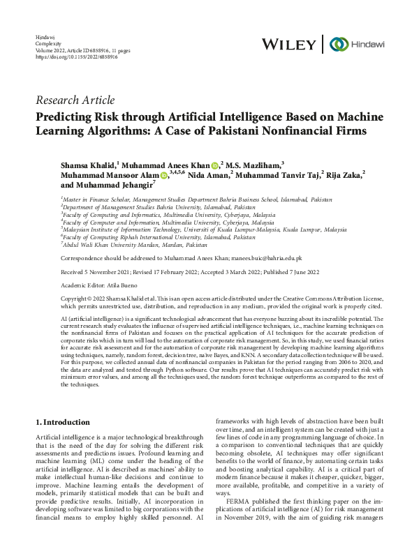 Pdf Predicting Risk Through Artificial Intelligence Based On Machine Learning Algorithms A