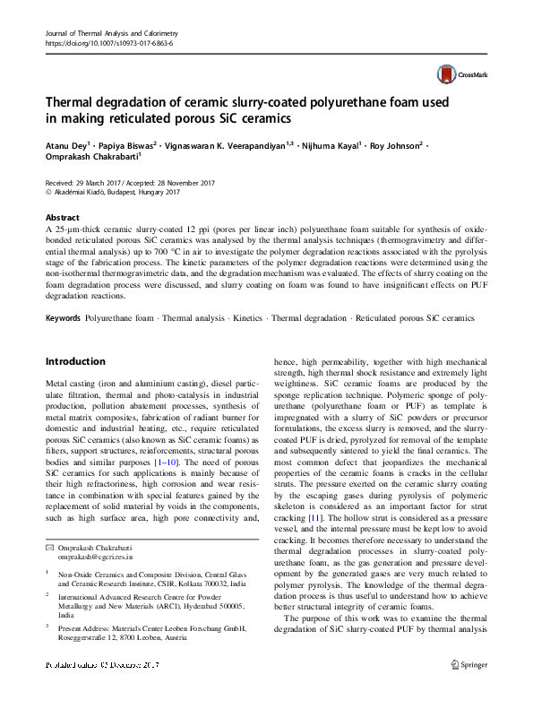(PDF) Thermal degradation of ceramic slurry-coated polyurethane foam ...