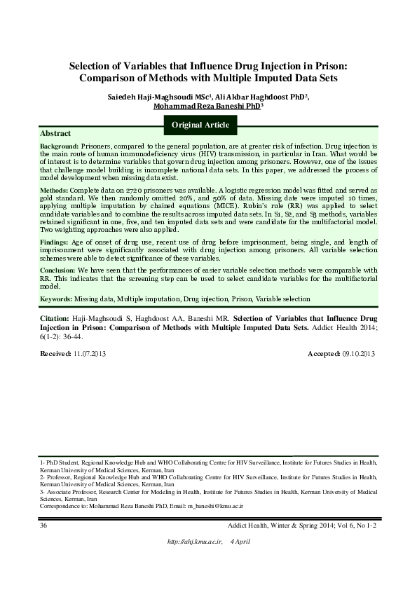 (PDF) Selection of Variables that Influence Drug Injection in Prison: Comparison of Methods with ...