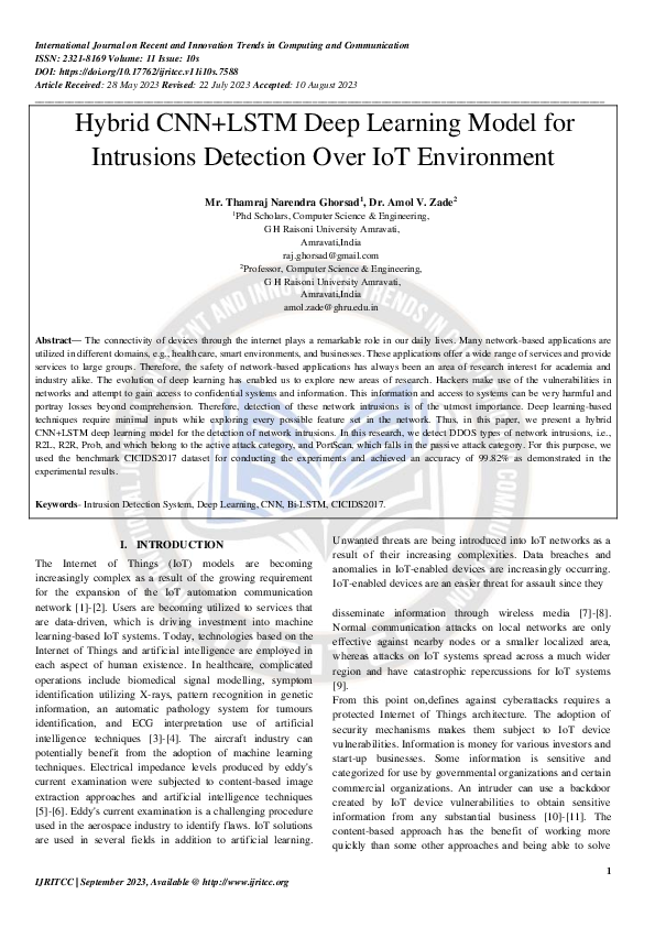 Pdf Hybrid Cnn Lstm Deep Learning Model For Intrusions Detection Over Iot Environment
