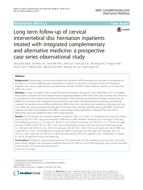(PDF) Long term follow-up of cervical intervertebral disc herniation inpatients treated with ...