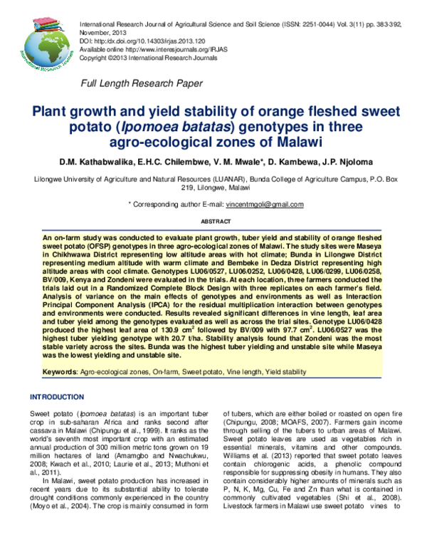 (PDF) Plant growth and yield stability of orange fleshed sweet potato (Ipomoea batatas ...