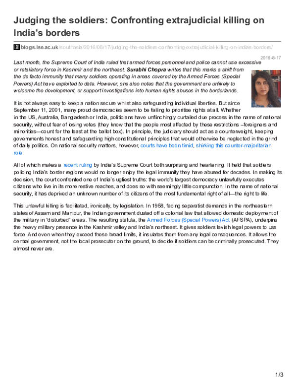 (PDF) Judging the soldiers: confronting extrajudicial killing on India’s borders