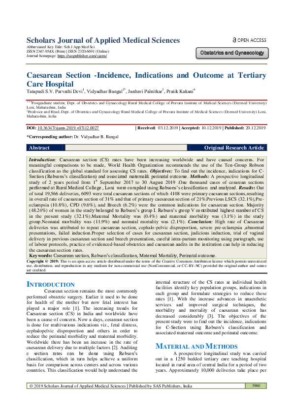 (PDF) Caesarean Section -Incidence, Indications and Outcome at Tertiary ...