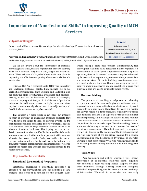 (PDF) Importance of “Non-Technical Skills” in Improving Quality of MCH Services