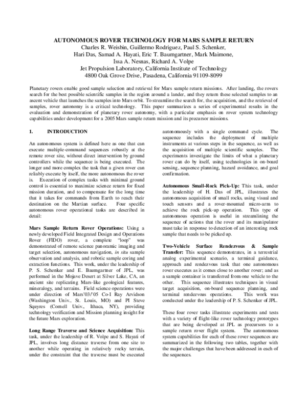 (PDF) Autonomous Rover Technology for Mars Sample Return