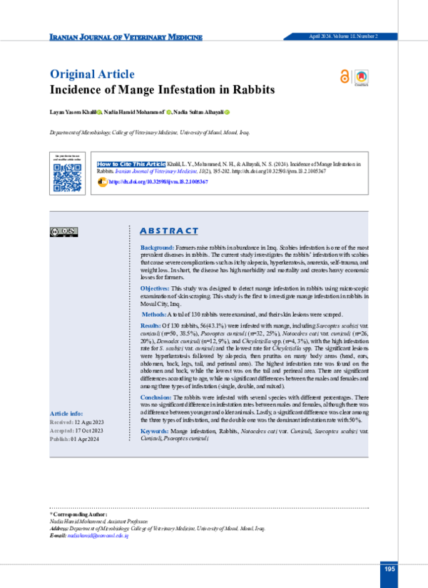 (PDF) Incidence of Mange Infestation in Rabbits | Iranian Journal of ...