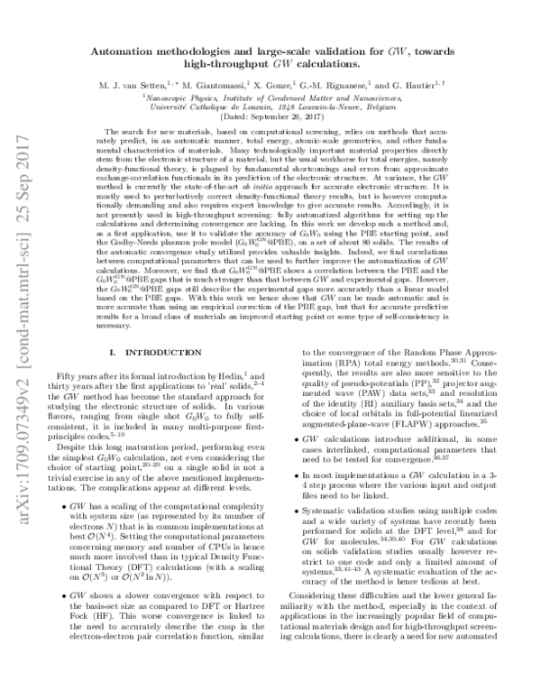 (PDF) Automation methodologies and large-scale validation for GW : Towards high-throughput GW ...