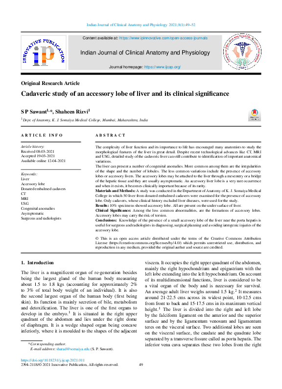 (PDF) Cadaveric study of an accessory lobe of liver and its clinical ...
