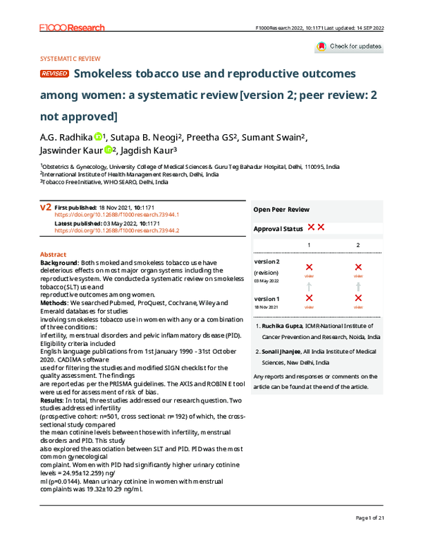 (PDF) Smokeless tobacco use and reproductive outcomes among women: a systematic review | Sumant ...