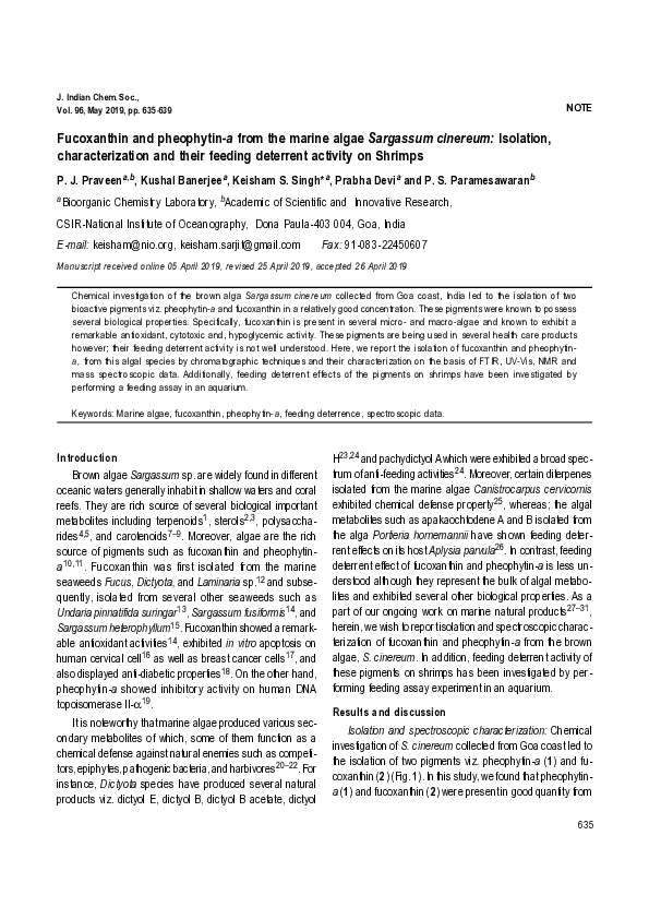 (PDF) Fucoxanthin and pheophytin-a from the marine algae Sargassum ...