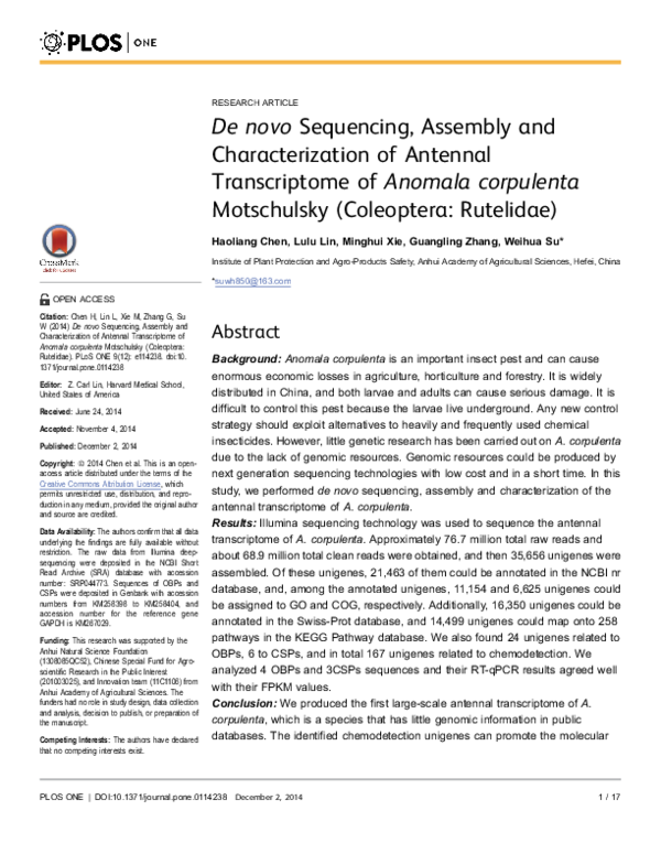 (PDF) De novo Sequencing, Assembly and Characterization of Antennal ...