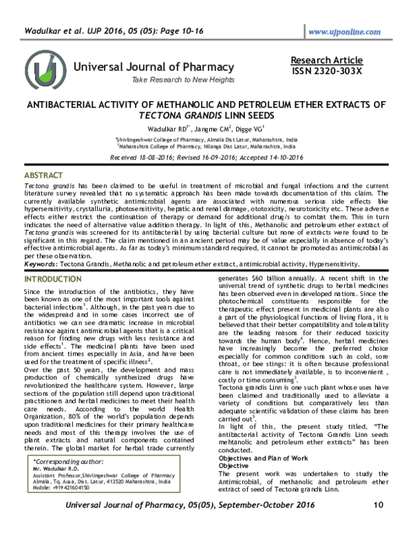 (PDF) ANTIBACTERIAL ACTIVITY OF METHANOLIC AND PETROLEUM ETHER EXTRACTS OF TECTONA GRANDIS LINN ...