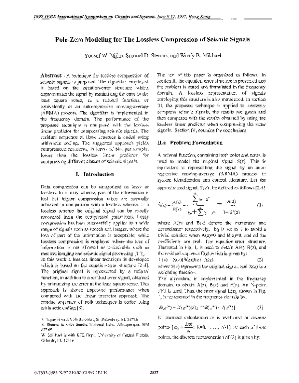 (PDF) Pole-zero modeling for the lossless compression of seismic signals