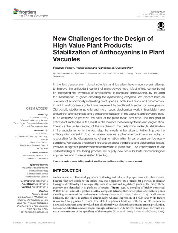 (PDF) New Challenges for the Design of High Value Plant Products: Stabilization of Anthocyanins ...