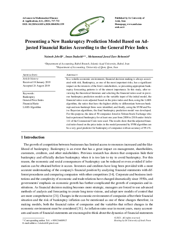 Pdf Presenting A New Bankruptcy Prediction Model Based On Adjusted Financial Ratios According