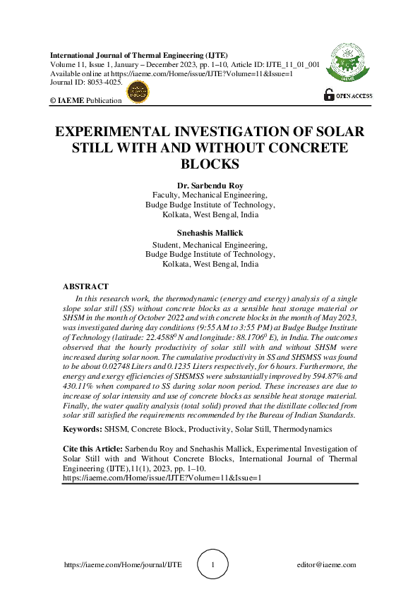 (PDF) EXPERIMENTAL INVESTIGATION OF SOLAR STILL WITH AND WITHOUT ...