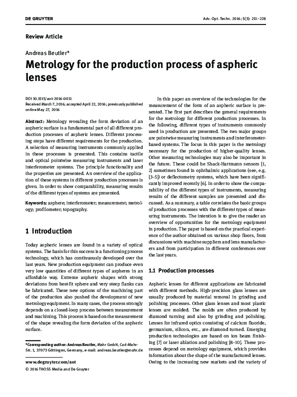 (PDF) Metrology for the production process of aspheric lenses