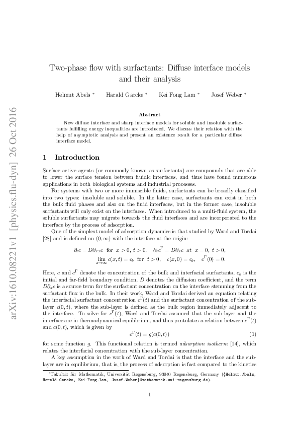 (PDF) Two-phase flow with surfactants: Diffuse interface models and their analysis